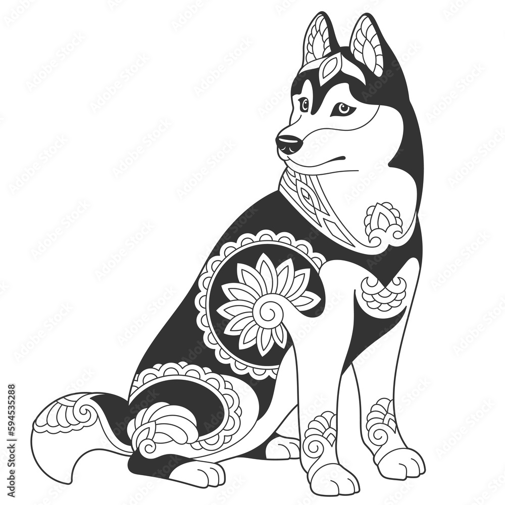 Cute husky dog design. Animal coloring page with mandala and zentangle ...