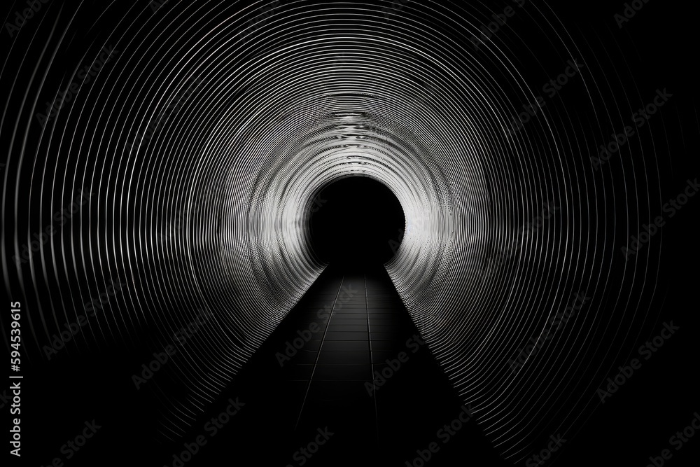 optical illusion of a tunnel, with a light at the end, appearing to ...