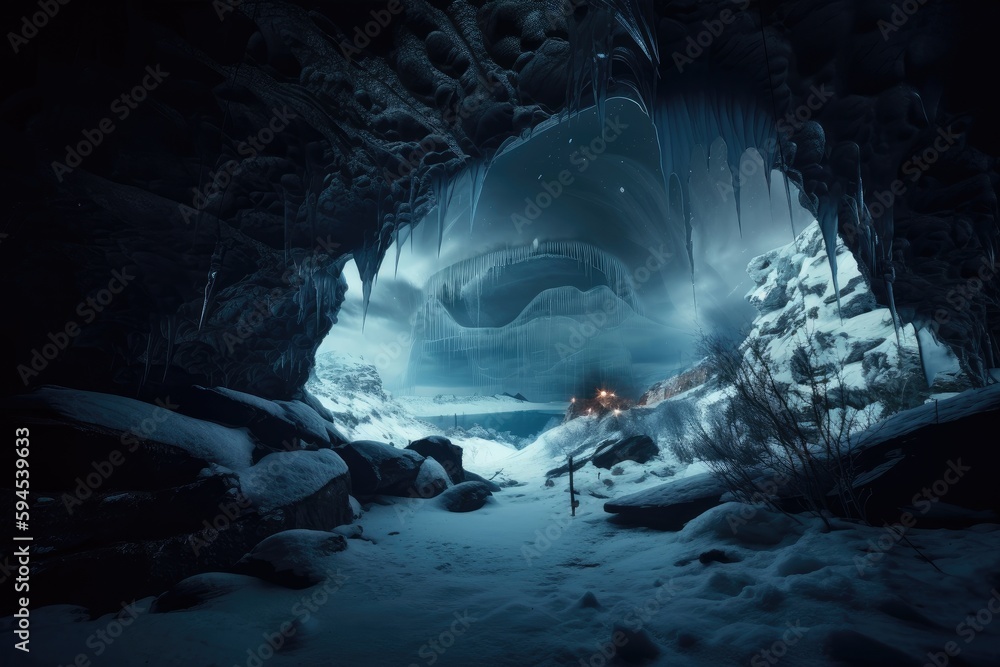 frozen cavern, with view of vast and starry sky, highlighting the ...