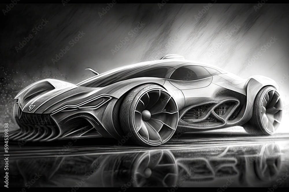 detailed pencil drawing of futuristic car with sleek lines and advanced ...