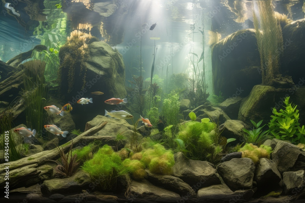 freshwater ecosystem, with schools of fish swimming among plants and ...