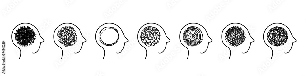 Human head silhouette with brain as tangled messy single line Stock ...
