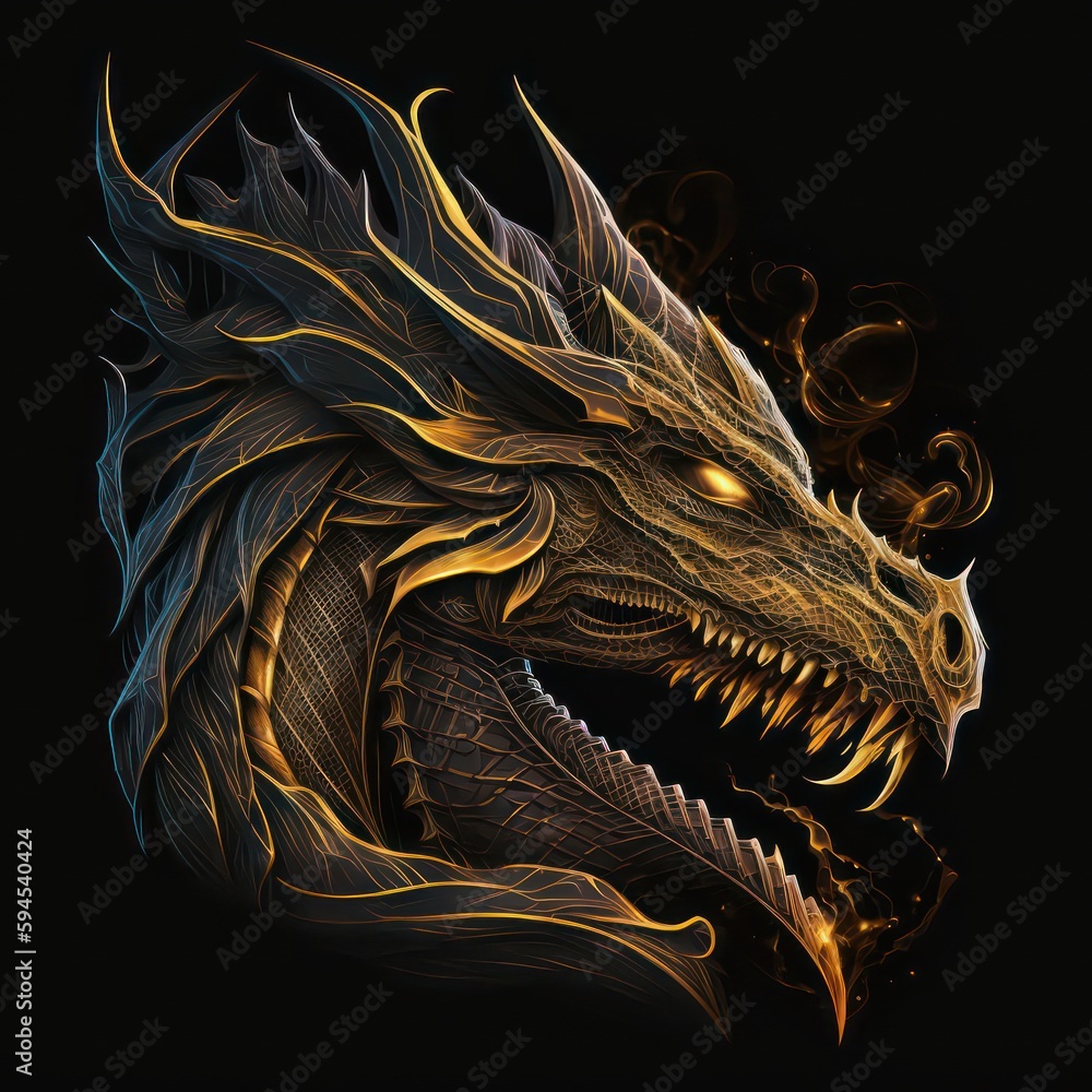 Dragon head art design with black background. Dragon head illustration ...