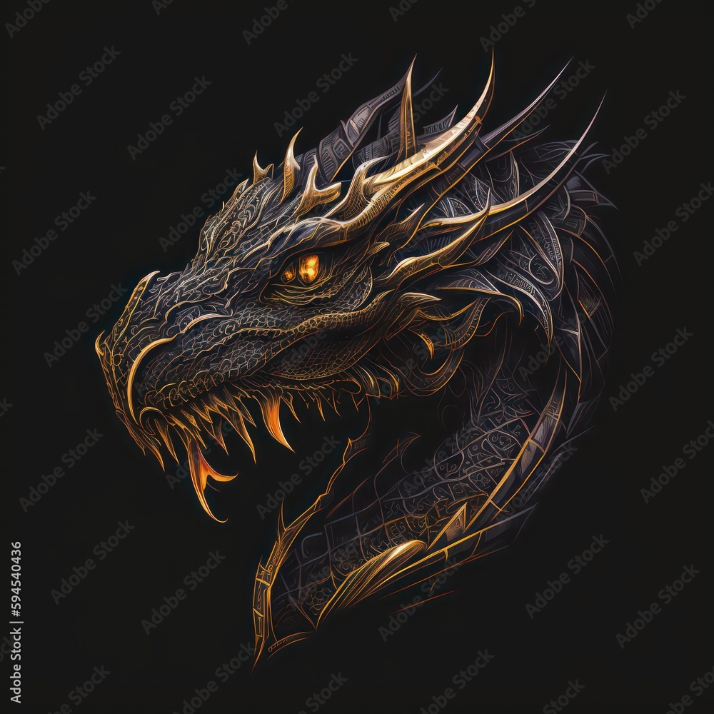 Dragon head art design with black background. Dragon head illustration. Digital art style ...