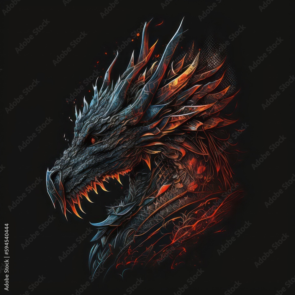 Dragon head art design with black background. Dragon head illustration ...