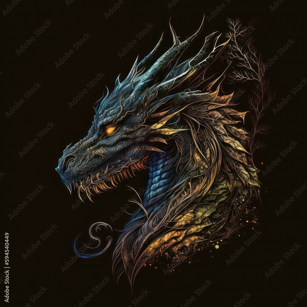 Dragon head art design with black background. Dragon head illustration ...