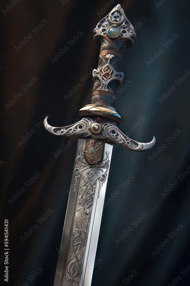 Fantasy silver sword. Silver sword isolated on black background. 3d art ...