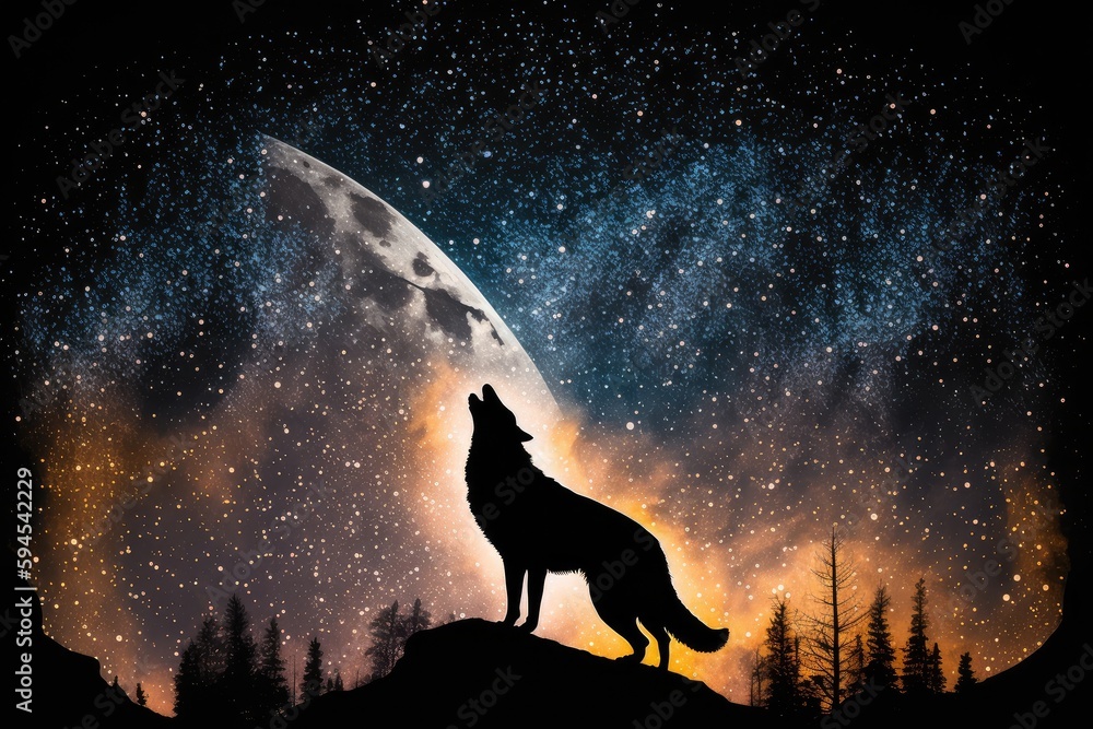 double-exposure of wolf howling at the moon, with the stars and milky ...
