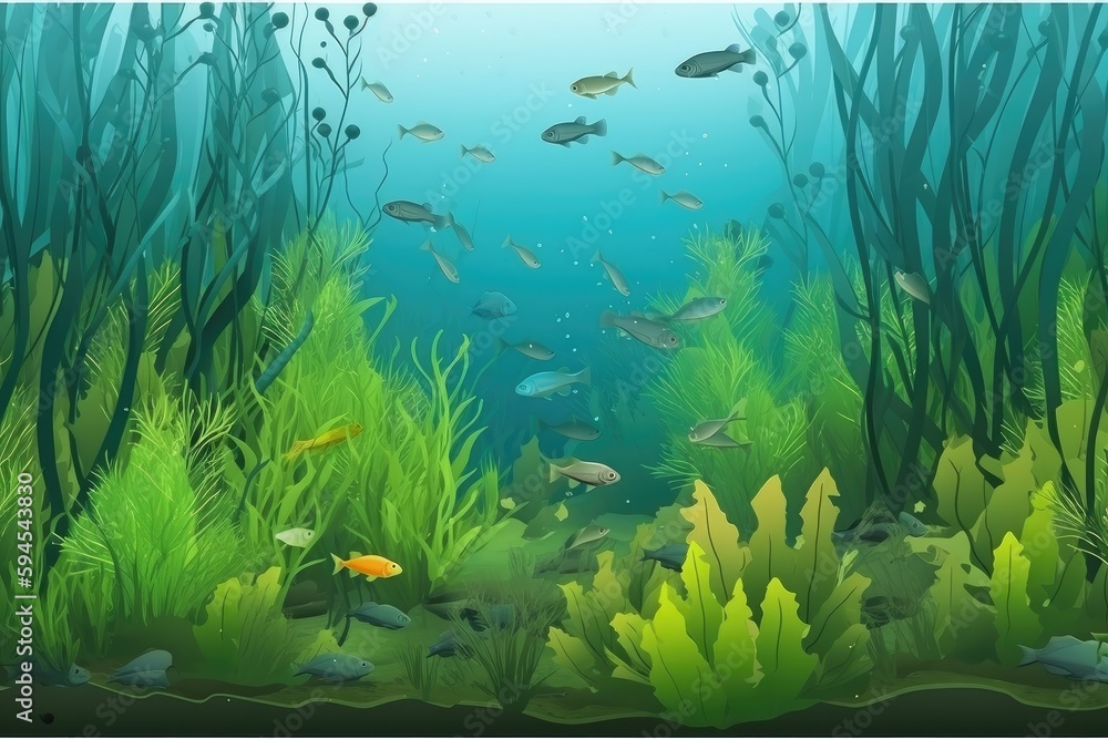 freshwater habitat with schools of fish swimming among underwater ...