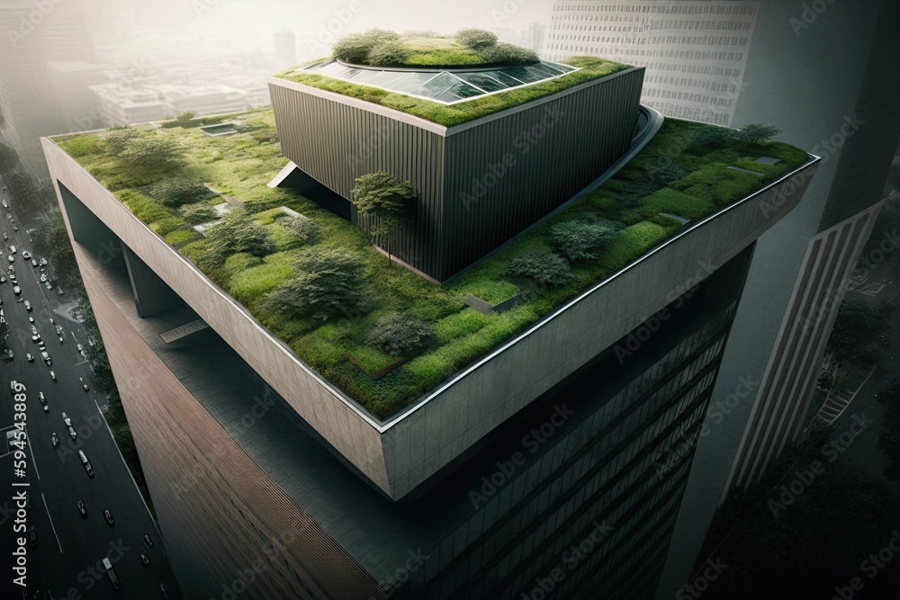 high-rise building with green roof and ecofriendly features, created ...