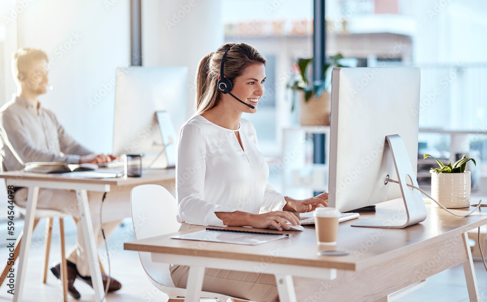 Call center, computer and consulting with woman in office for customer ...