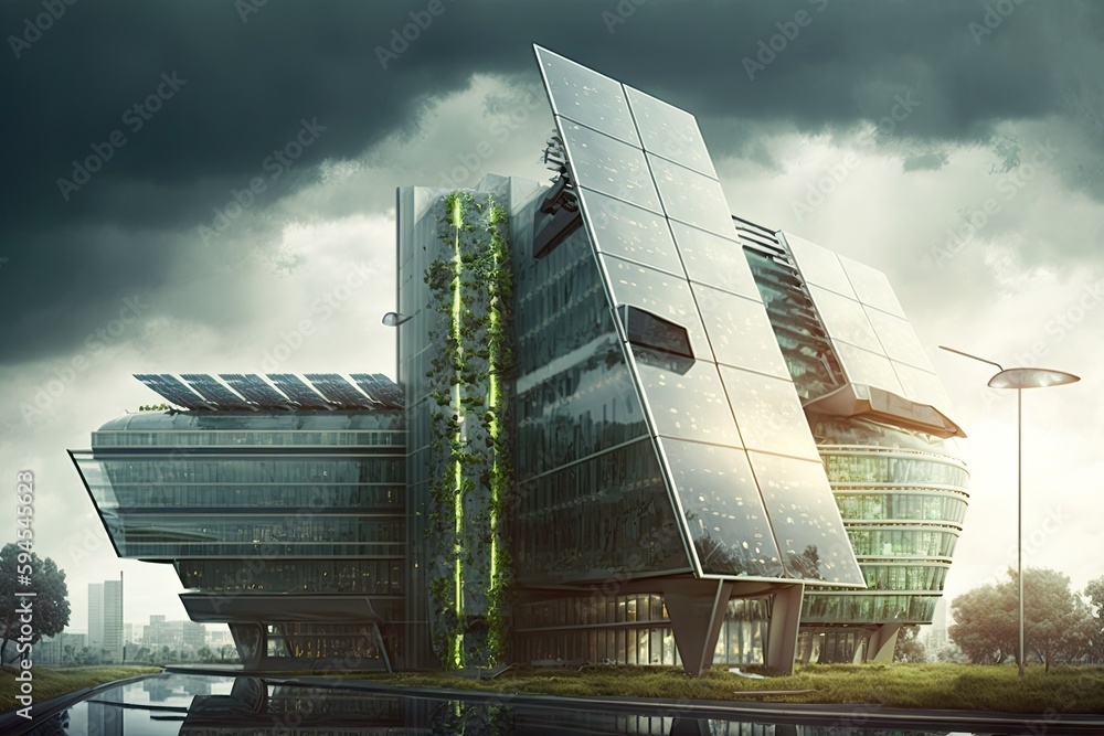 green building, with solar panels and rainwater harvesting systems, in ...