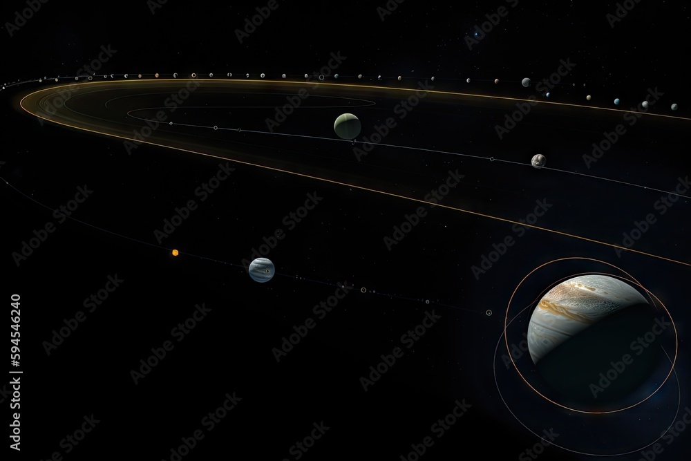 solar system, with planets and moons visible, each in their own orbit ...