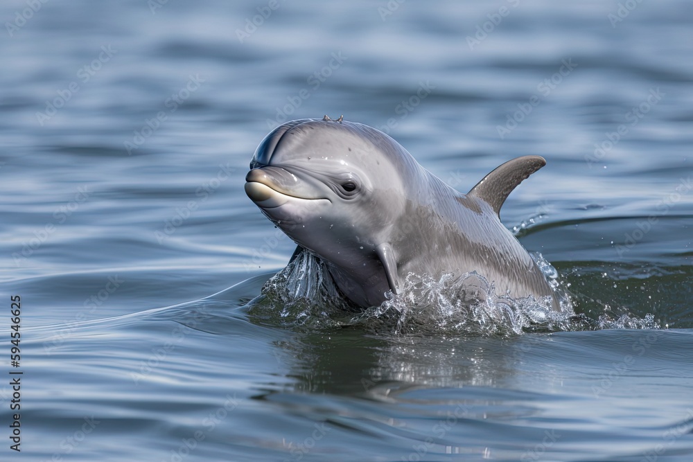 baby dolphin leaping out of the water, spreading its fins and showing ...