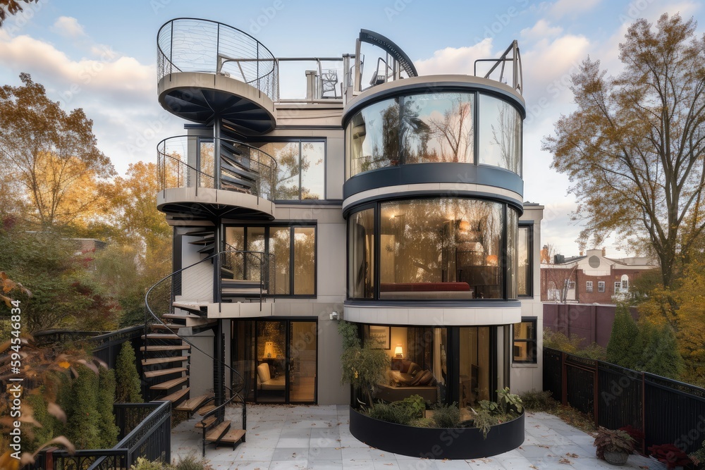 three-story home with exterior spiral staircase and rooftop garden ...