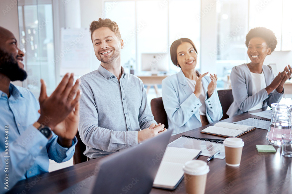 Congratulations, happy and business people clapping in a meeting for ...