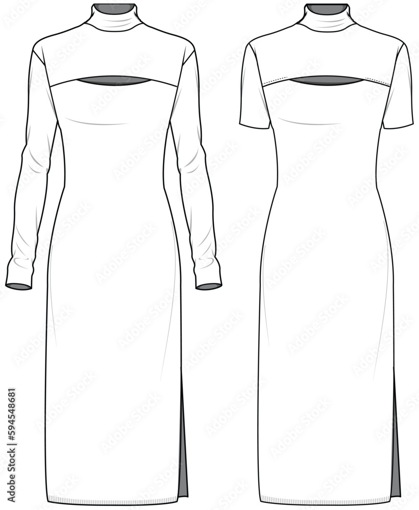 Turtle Neck Front Cut Out Bodycon Dress Front and Back View. Fashion ...