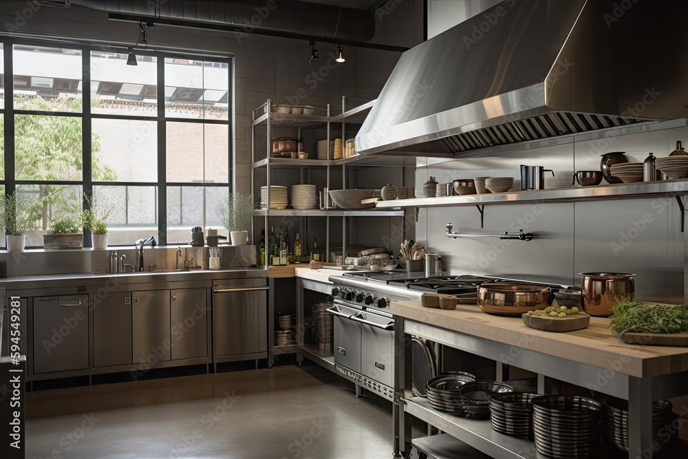 industrial-style kitchen with stainless steel countertops, commercial ...