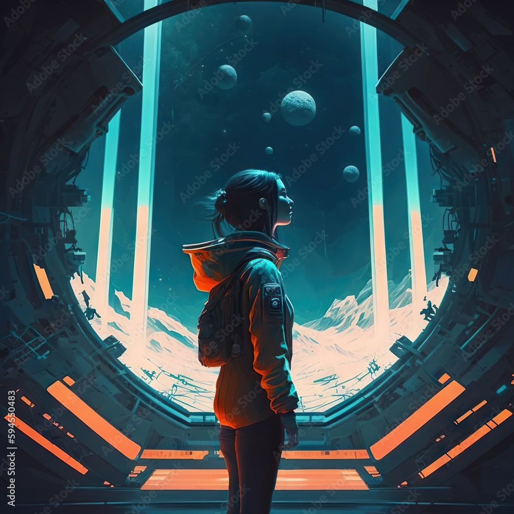 a woman standing at the eage of gigantic space station, alone lofi girl ...