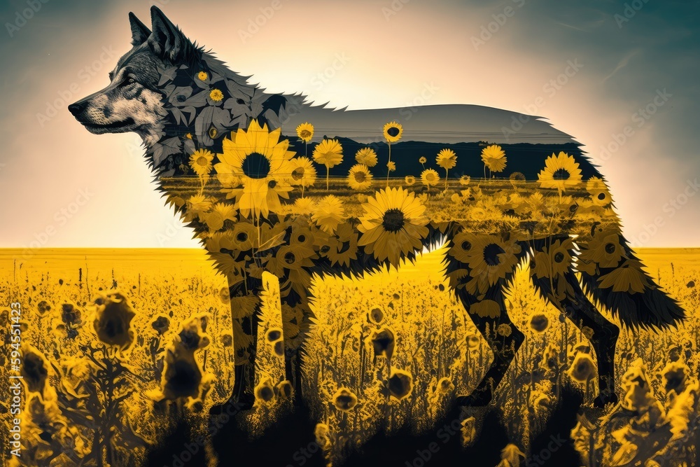 double exposure of wolf crossing field of sunflowers, created with ...