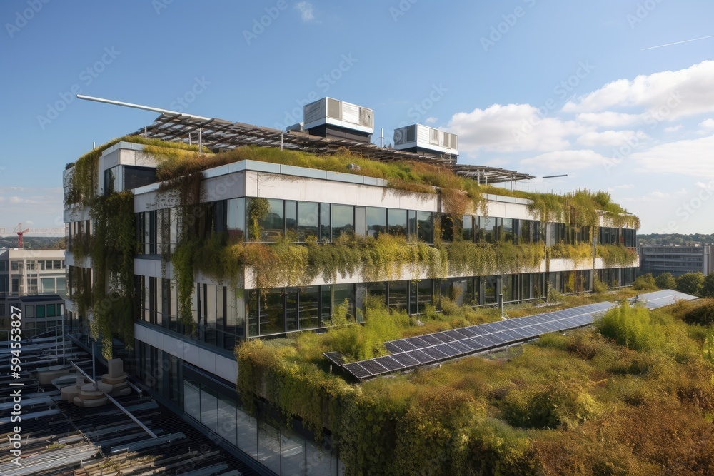 green building project, with rows of plants and solar panels on the ...