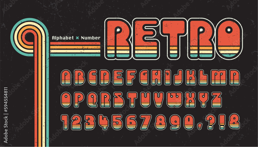 60's, 70's retro lines alphabet letter and number. Seventies nostalgia ...