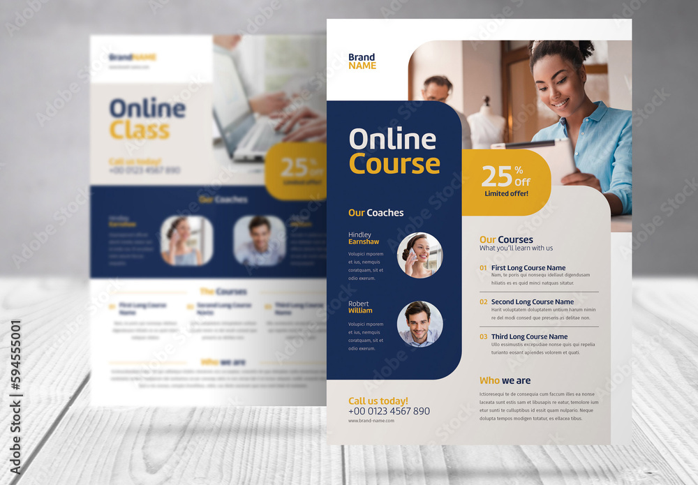 Course Flyer with Blue and Orange Accents Stock Template | Adobe Stock