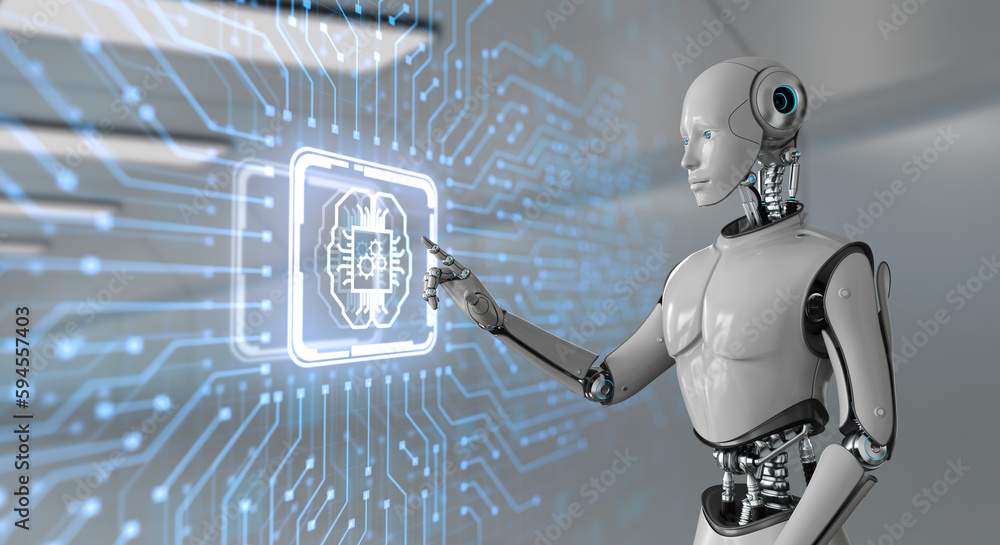 Ai Artificial intelligence concept neural network. Robot pressing button on screen 3d render ...