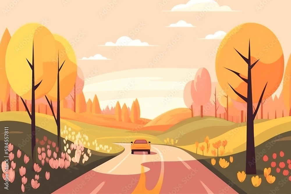 spring road trip. landscape with a cute car on the road. vector ...