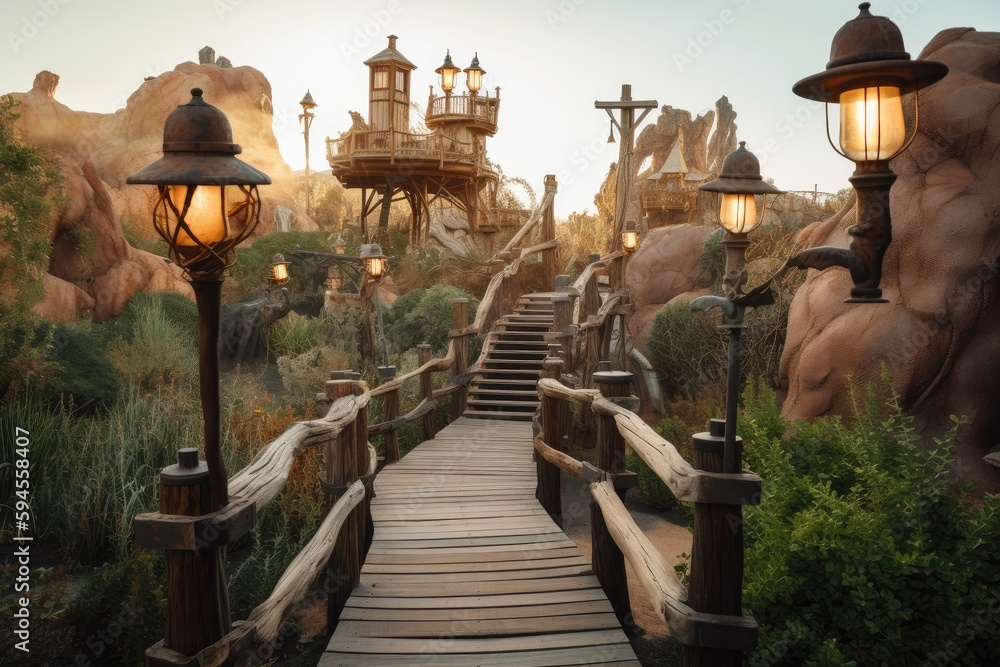 surrealistic landscape with a mix of natural and man-made elements ...