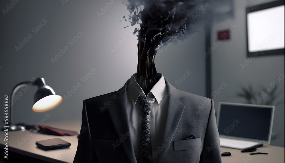 Man in business suit with burnout head on work place in office. Concept ...