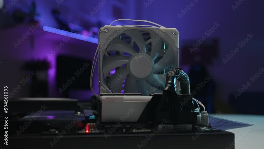 Close-up front view of cooling fan of powerful gaming CPU installed on ...