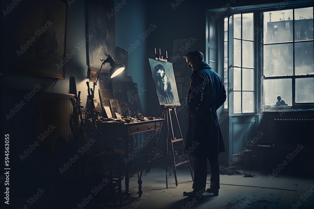Ilustrace „Inside a poor artists studio with artist standing at a ...