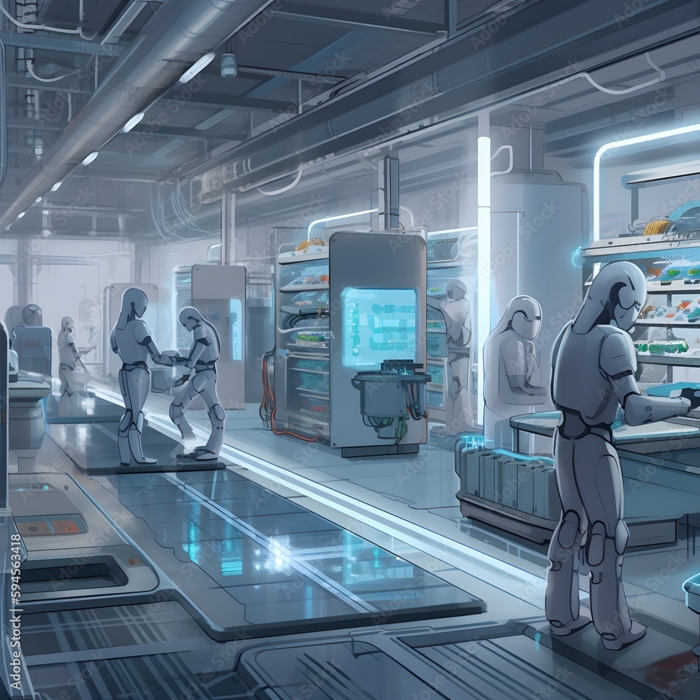 Experience the seamless collaboration of robotic arms and human workers ...