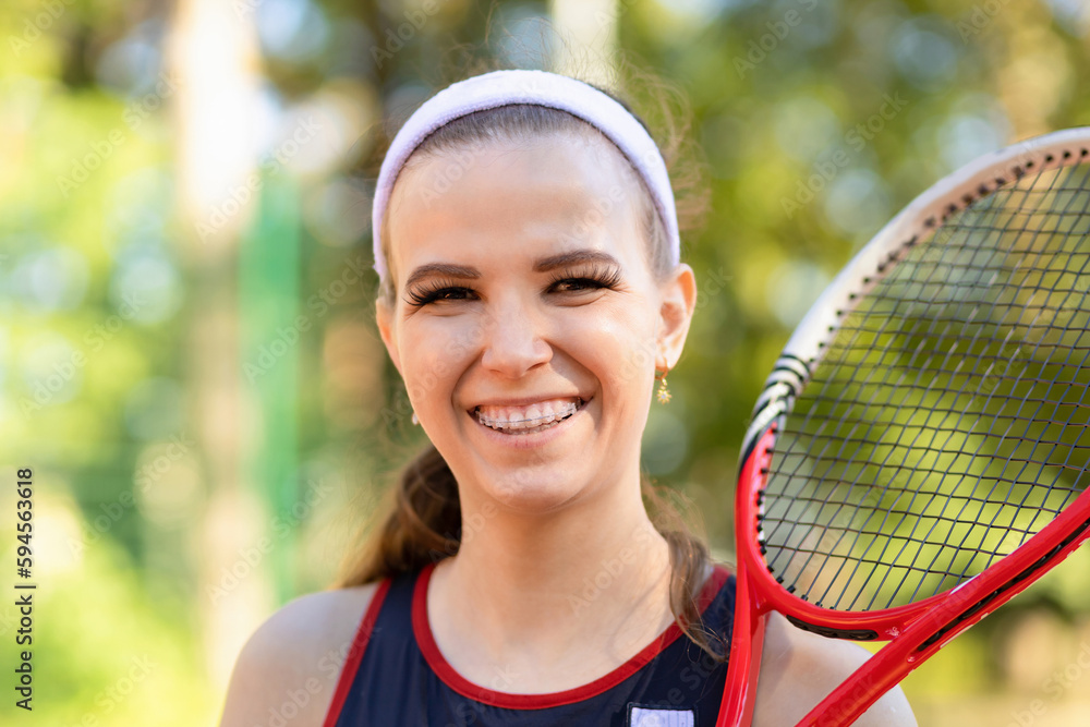 Professional girl athlete playing tennis on court. female player with ...