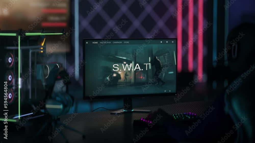 Playing the modern swat video game on a computer. Main menu screen of ...