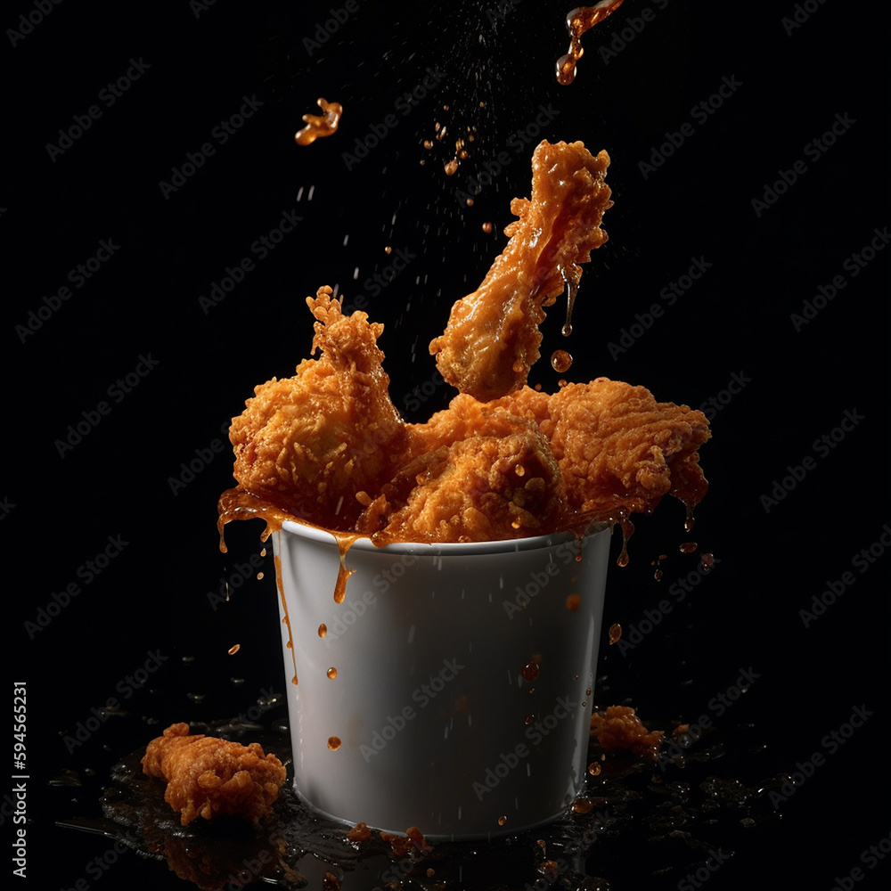 Fried chicken in a cup on a black background with splashes. AI ...