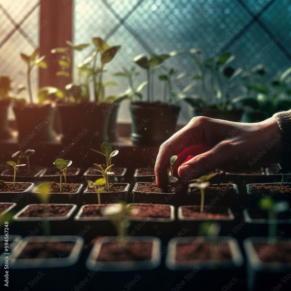 Human hands planting sprouts fresh plant seedlings or flowers in a home ...