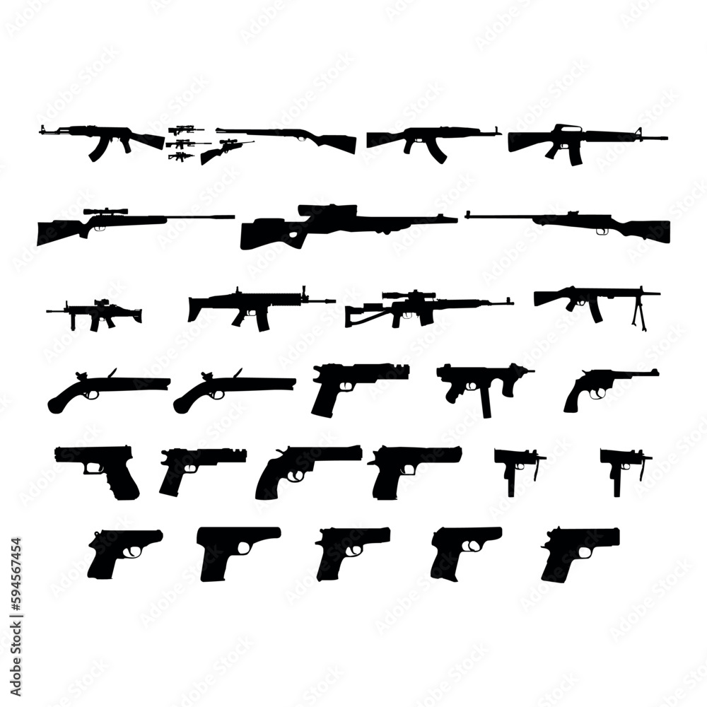 Graphic black detailed silhouette pistols, guns, rifles, submachines ...