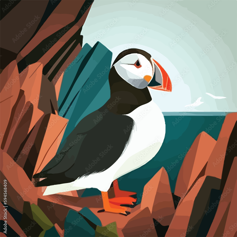 Puffin in arctic cliffs. Arctic birds in natural habitat. Flat vector ...