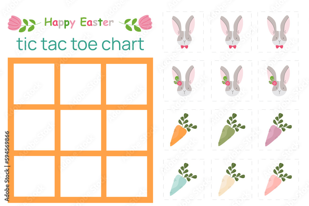 Vetor de Vector Easter tic tac toe chart with cute bunny and carrot ...
