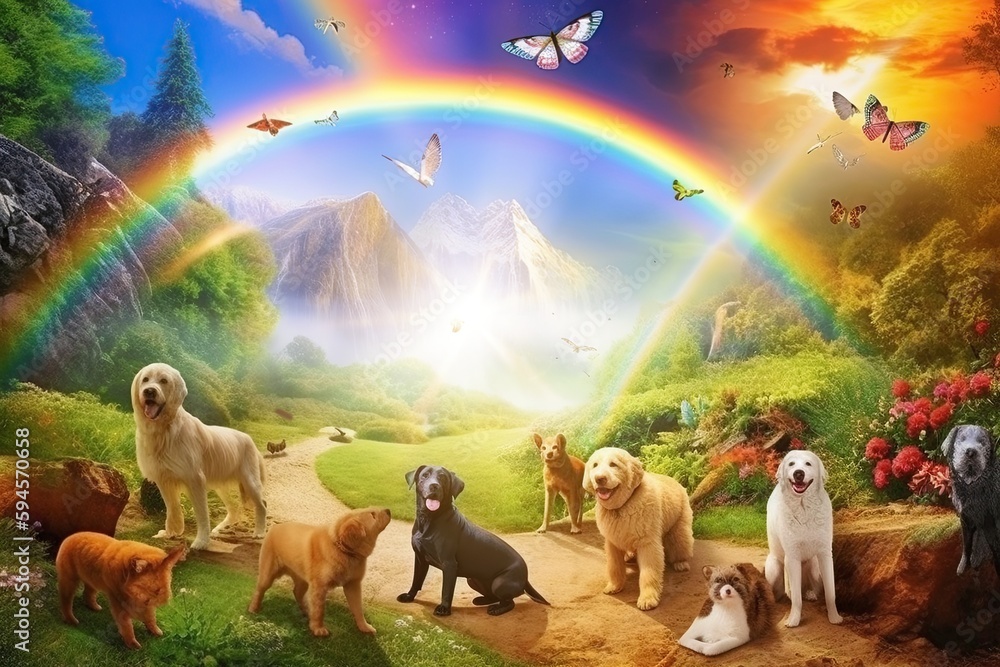 Pets play in a beautiful fairy garden filled with rainbows, clouds, and ...