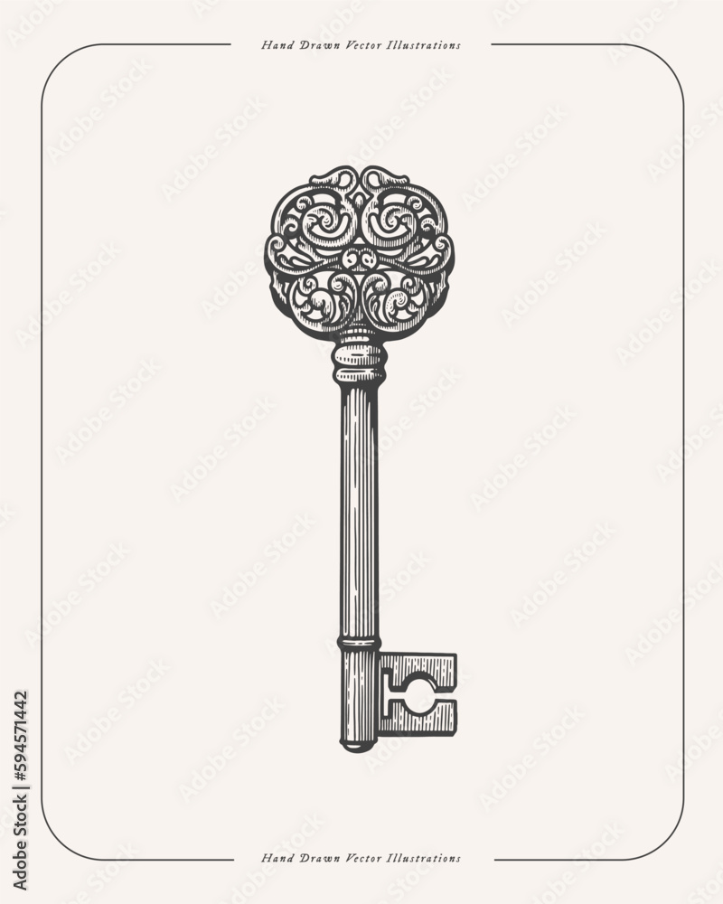 Elegant key from an ancient lock in engraving style. Antique key with ...