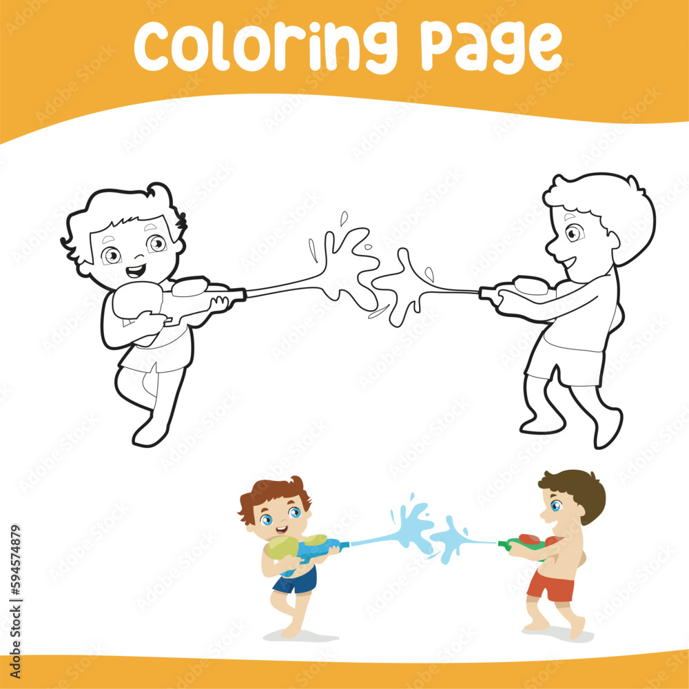 Coloring page outline of children playing the water guns during the ...