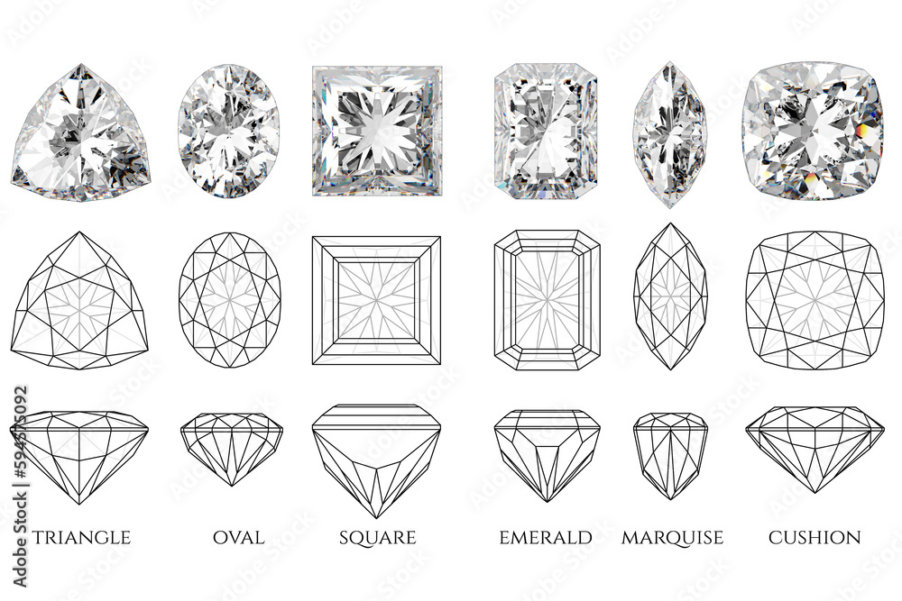 Barion-cut diamonds of various shapes with diagrams. 3d illustration ...
