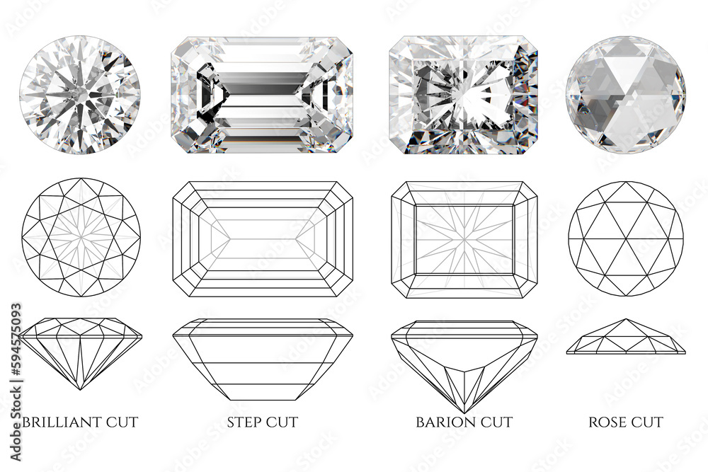 Four diamond cut styles - brilliant, step, barion, rose, with diagrams ...