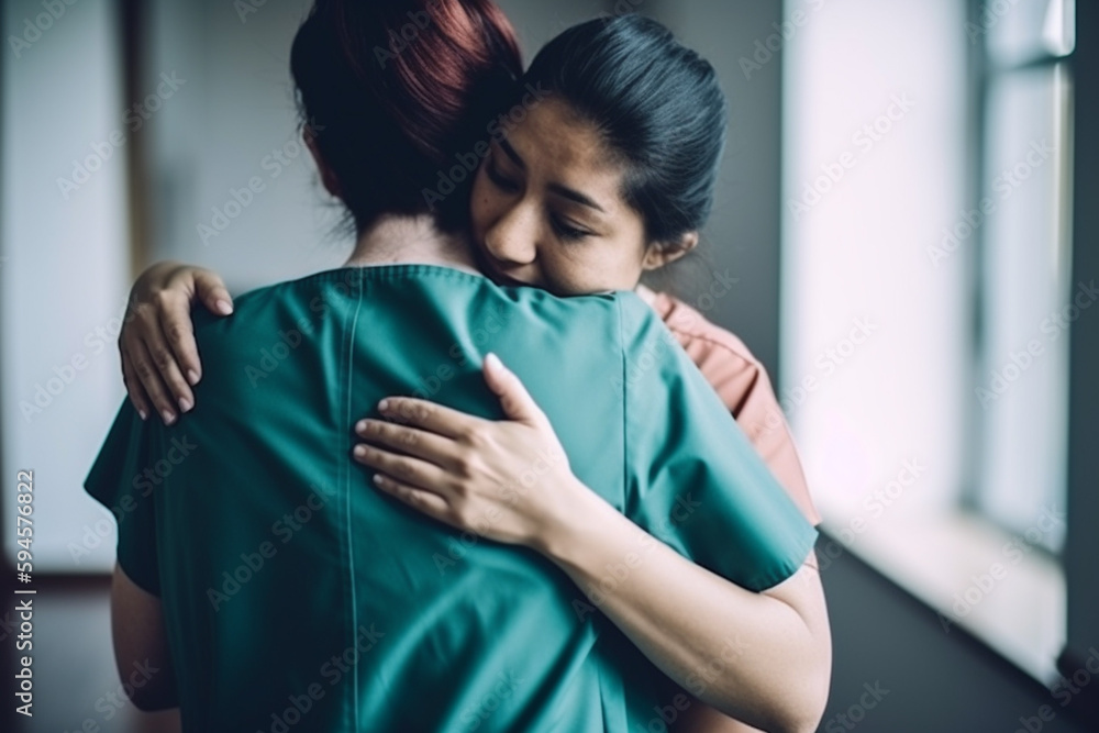 nurse hugs an elderly woman expressing support in an elderly care ...
