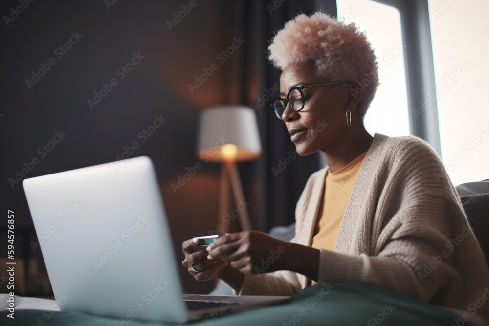 stylish older black woman with laptop computer at home, created with ...
