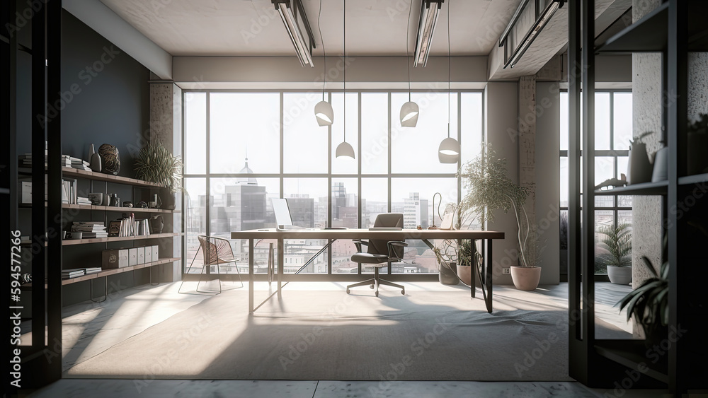 A sunlit loft in a high-rise building with concrete walls, featuring ...