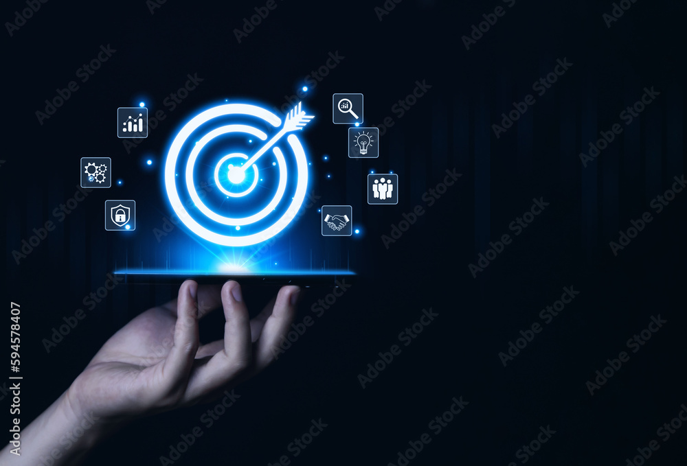 Businessman showing target virtual darts icon arrow. Goal concept for ...